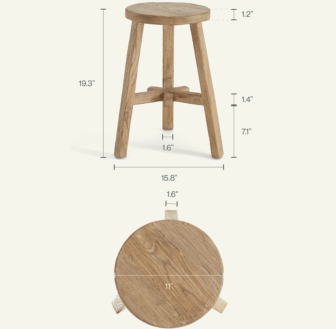 EM Wabi-Sabi Rustic Round Three-Legged Reclaimed Wood Dining Stool