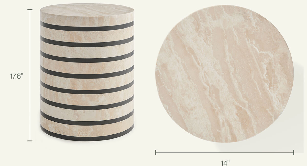 Adler Sculptural Striped Cylinder Drum Travertine & Marble Side Table